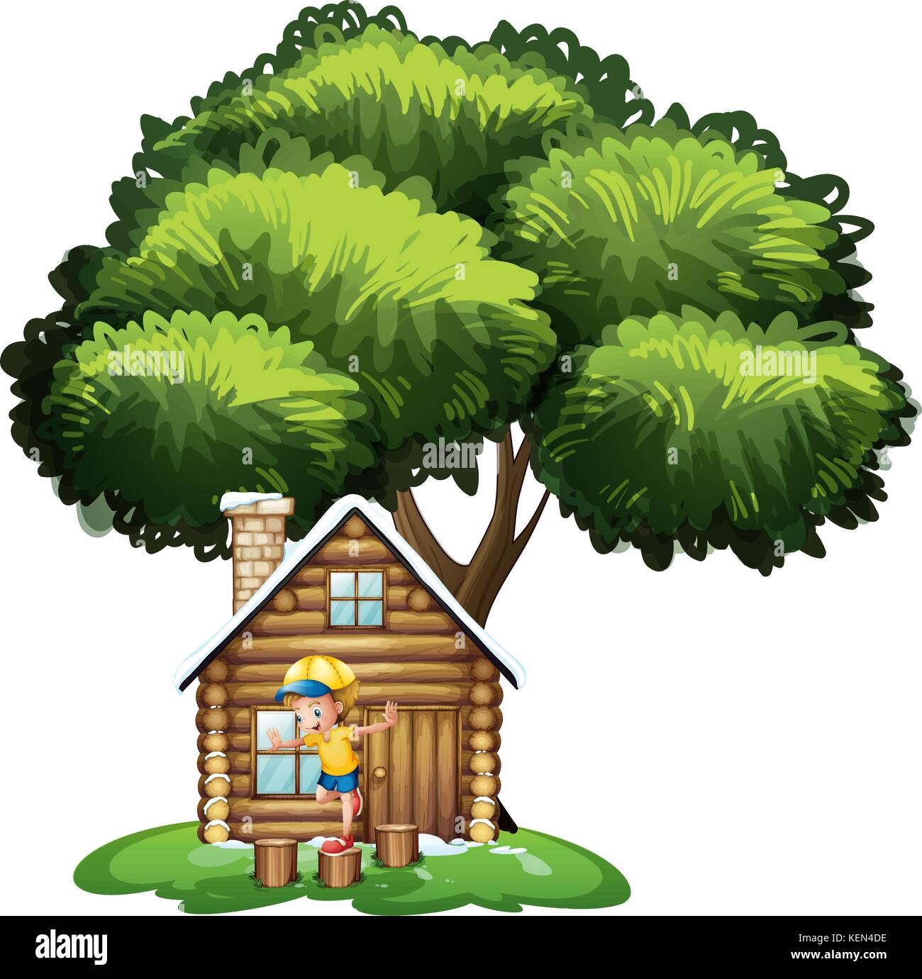 Illustration of a boy playing outside the house on a white background ...