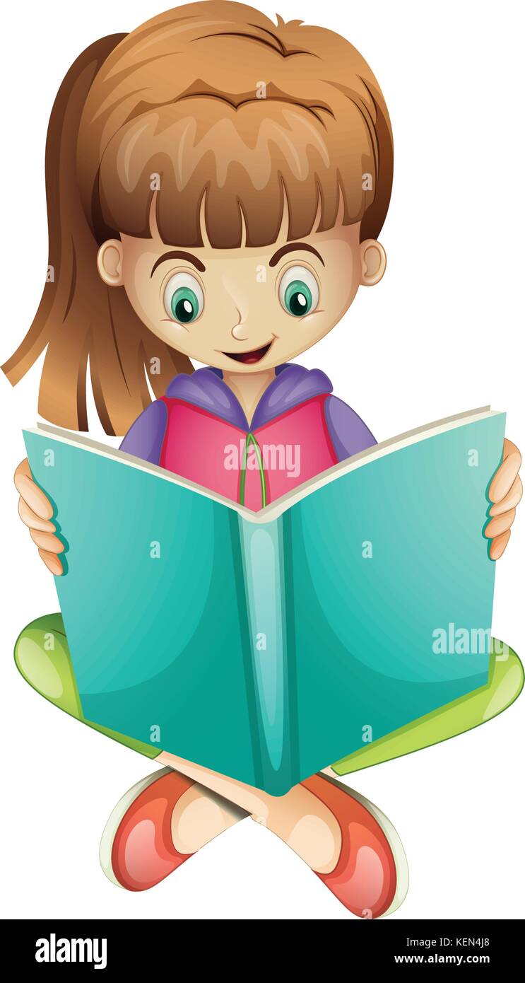 Illustration of a young girl reading a book seriously on a white ...