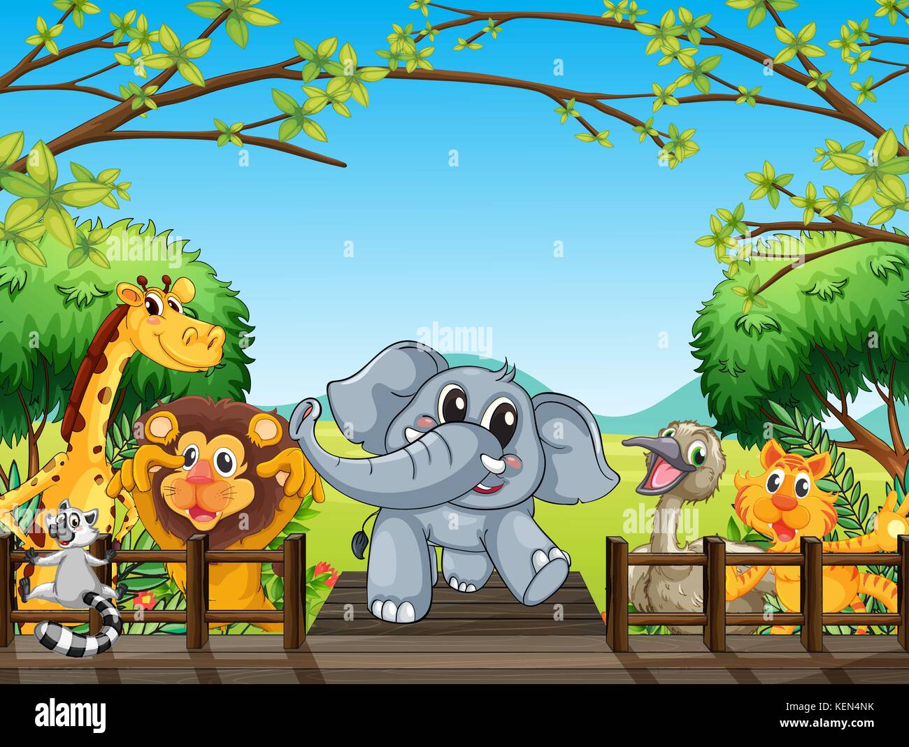Illustration of a group of wild animals at the bridge in the forest ...