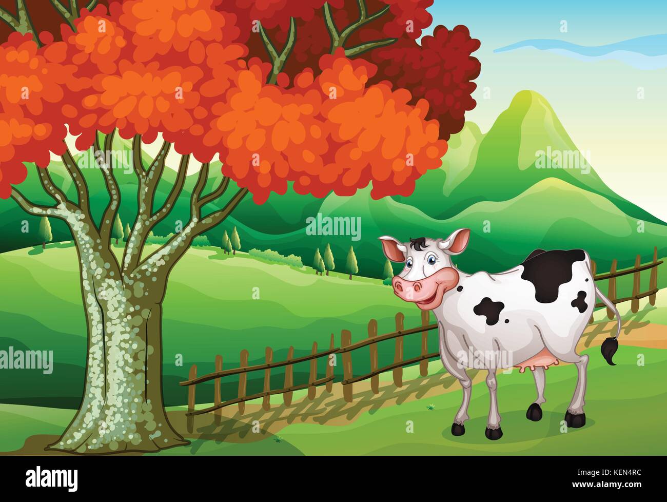Illustration of a smiling cow near the big tree Stock Vector Image ...