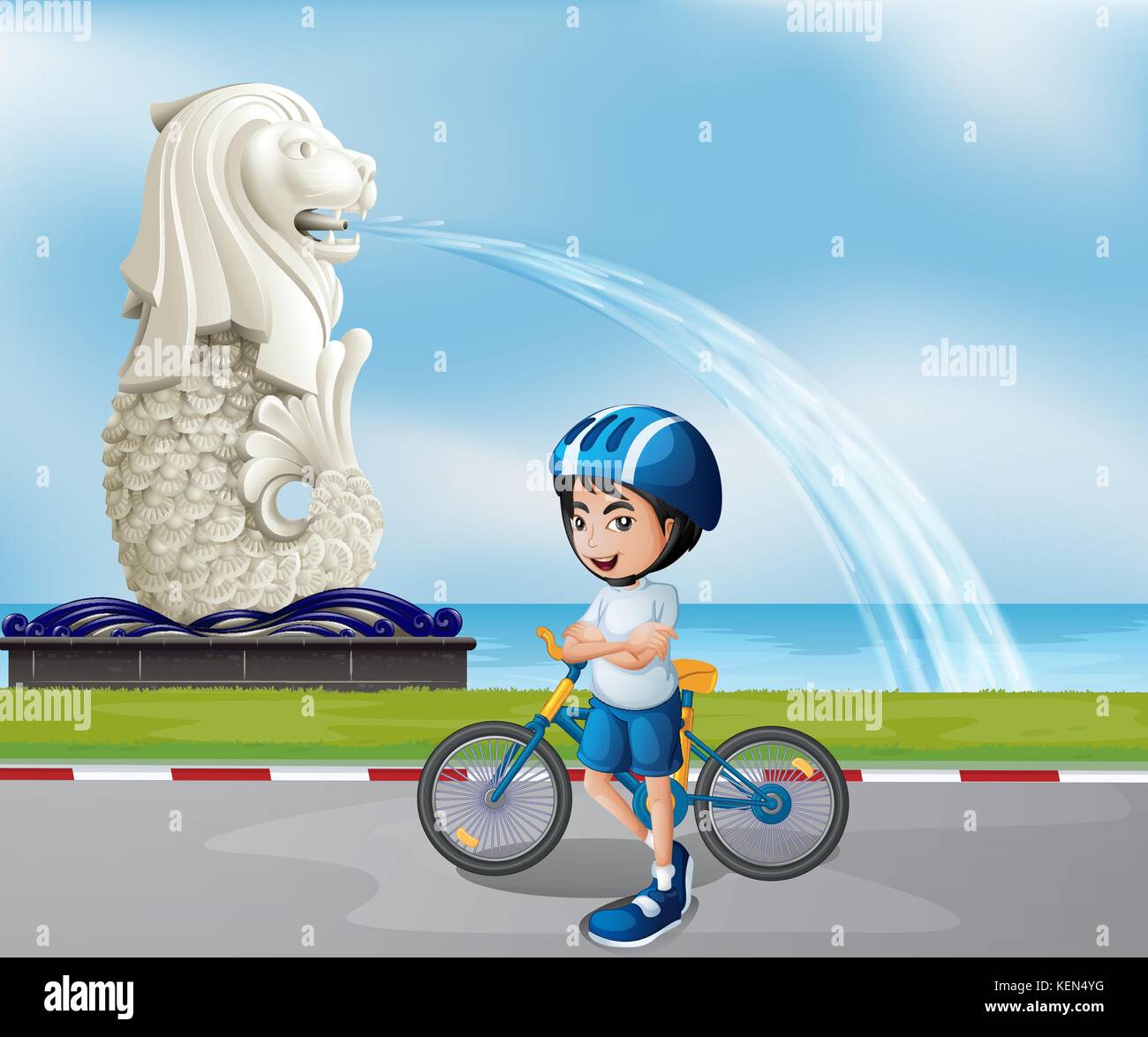 Illustration of a young biker near the statue of Merlion Stock Vector ...
