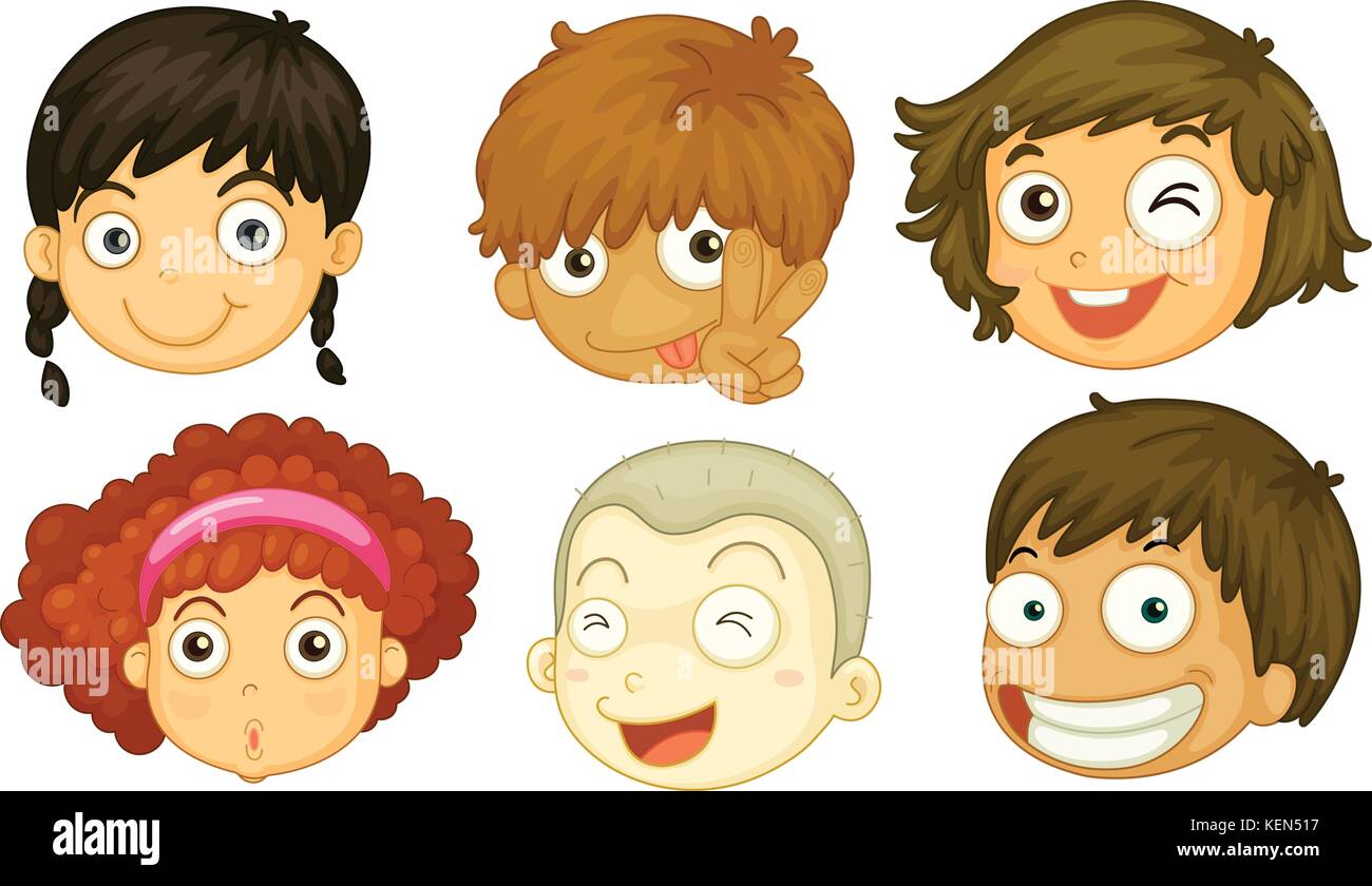 Illustration of the six heads of different kids on a white background ...