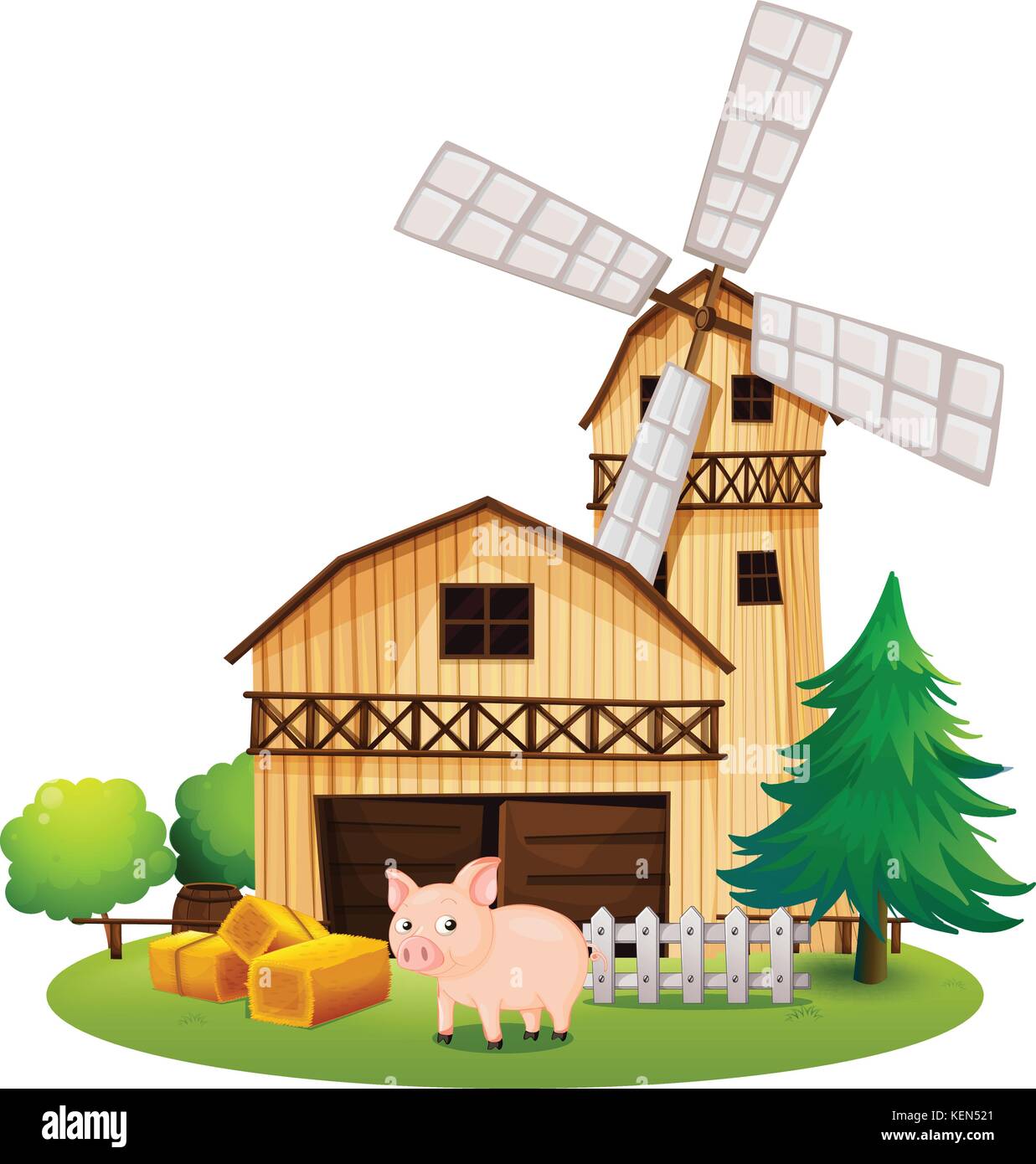 Illustration of a pig in front of the farmhouse with a windmill on a ...