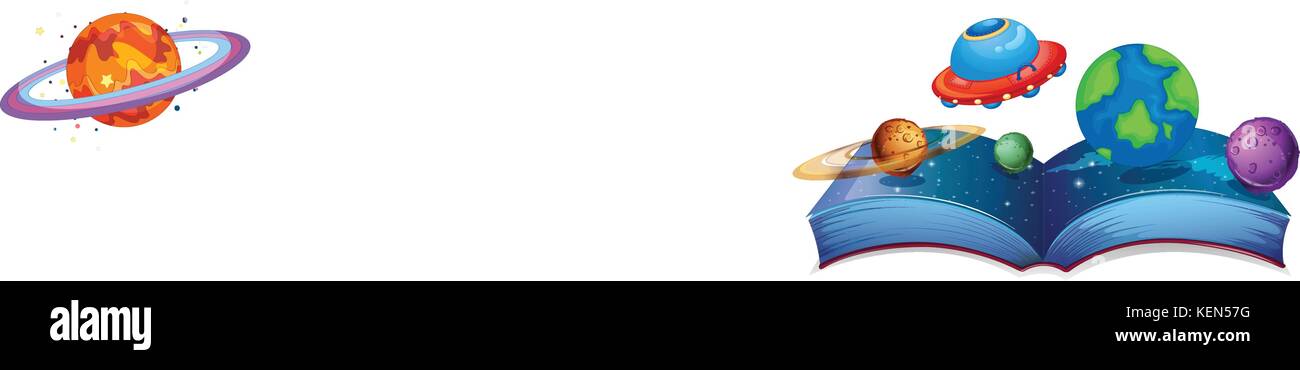 Illustration of a book with planets and UFO on a white background Stock ...