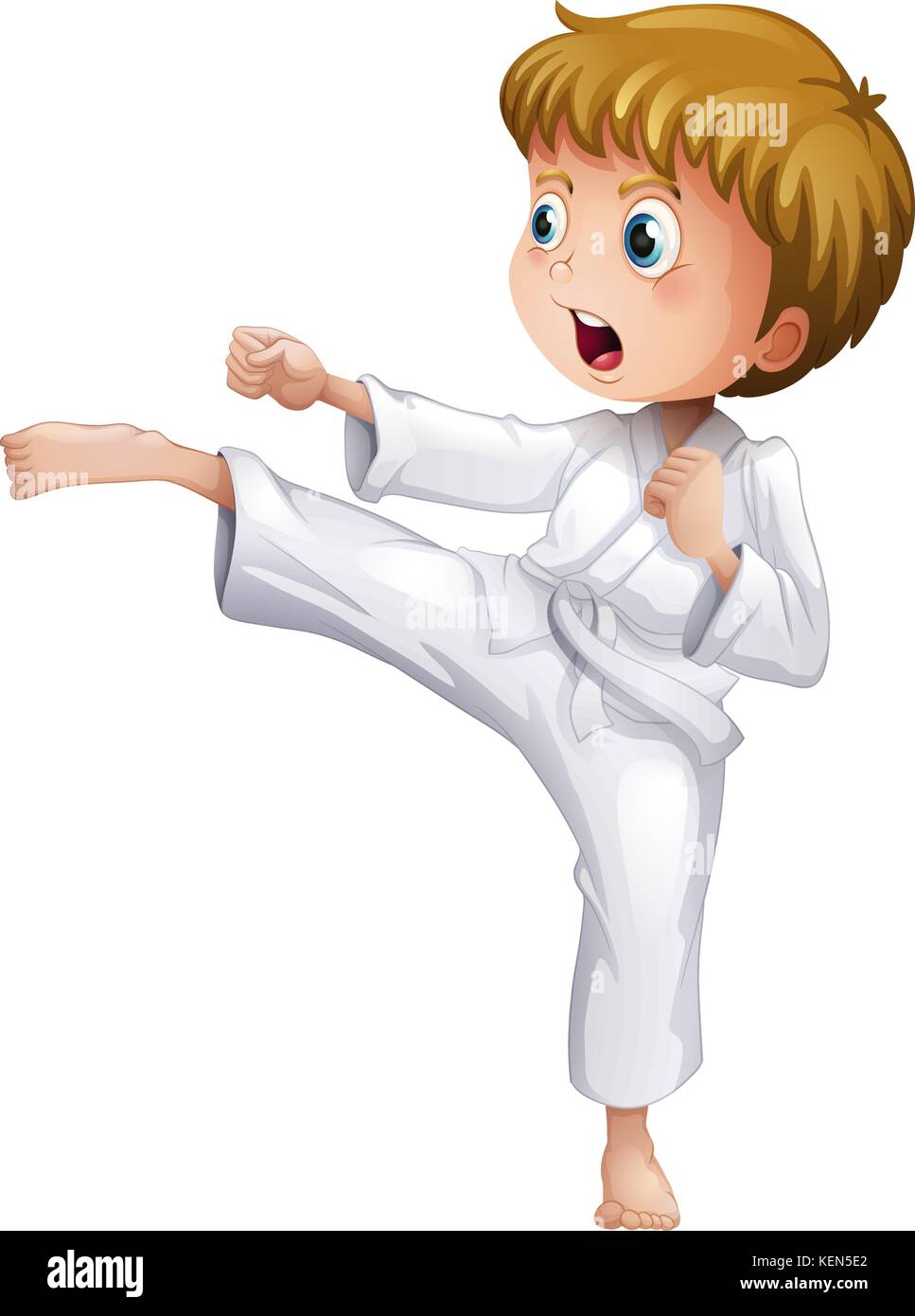 Illustration of a brave boy doing his karate moves on a white ...