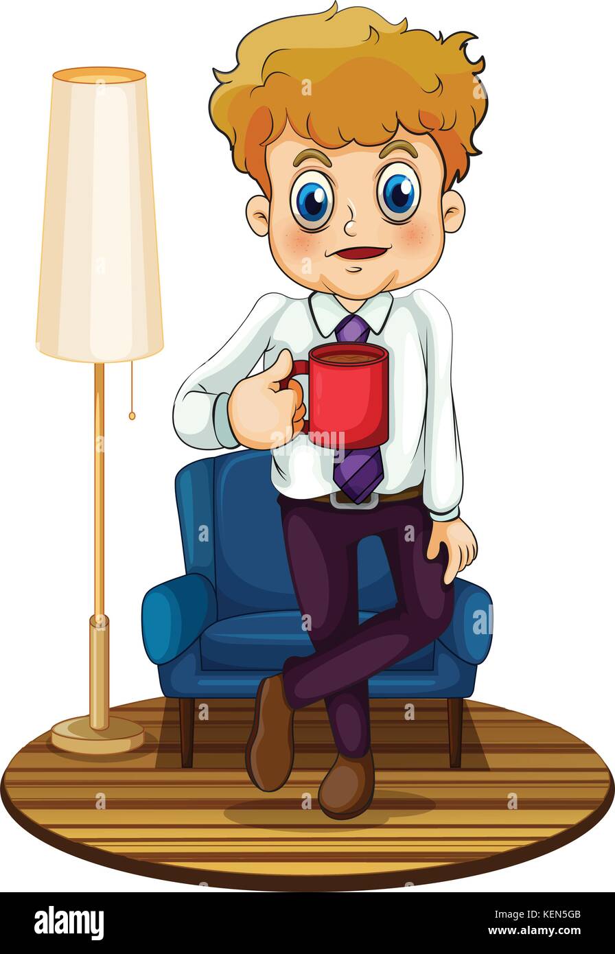 Illustration of a man holding a red mug on a white background Stock ...
