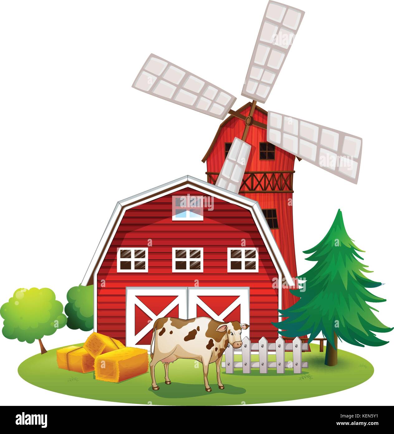 Illustration of a red barnhouse at the farm on a white background Stock ...