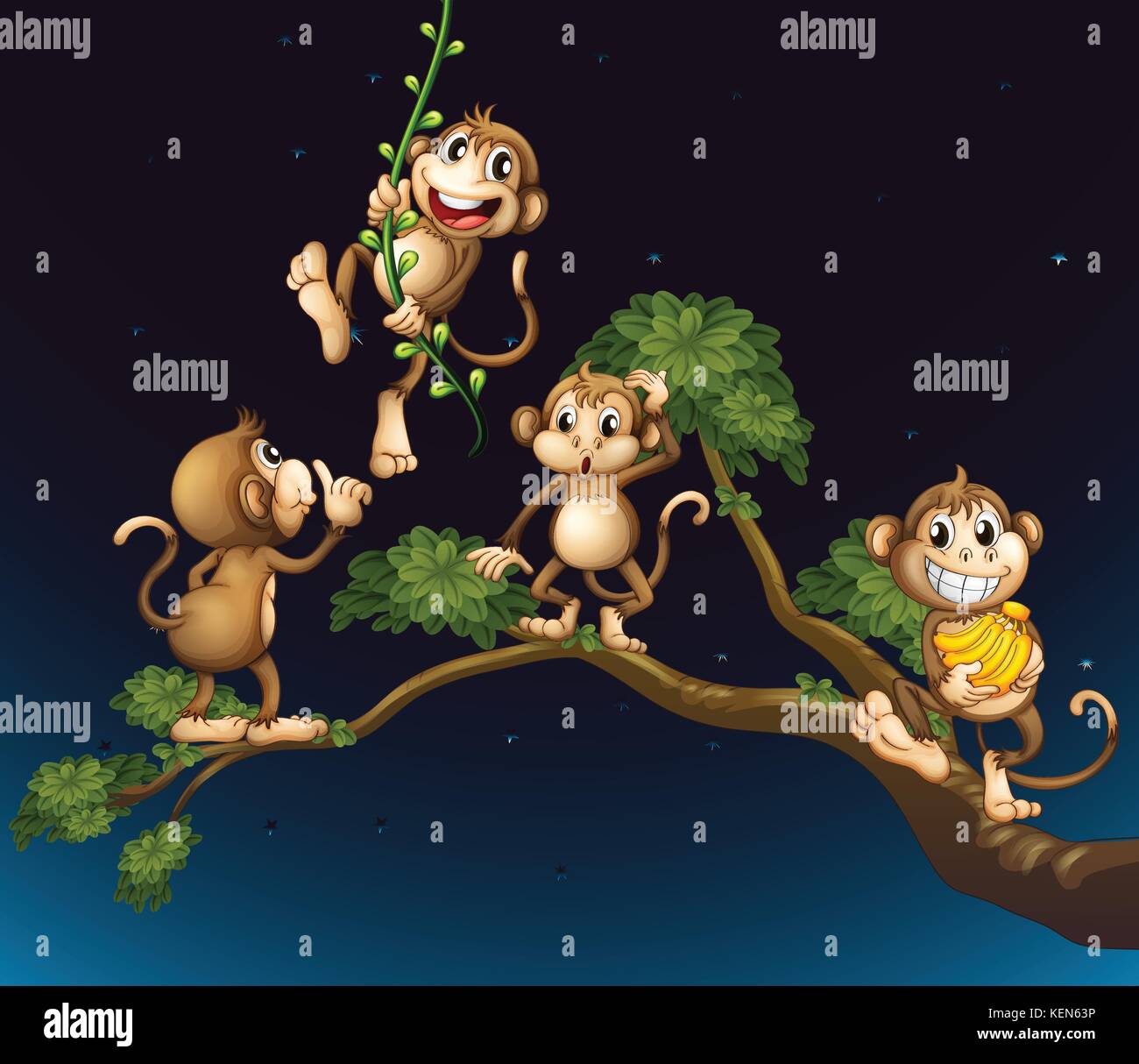 Illustration of a tree with four playful monkeys Stock Vector Image ...