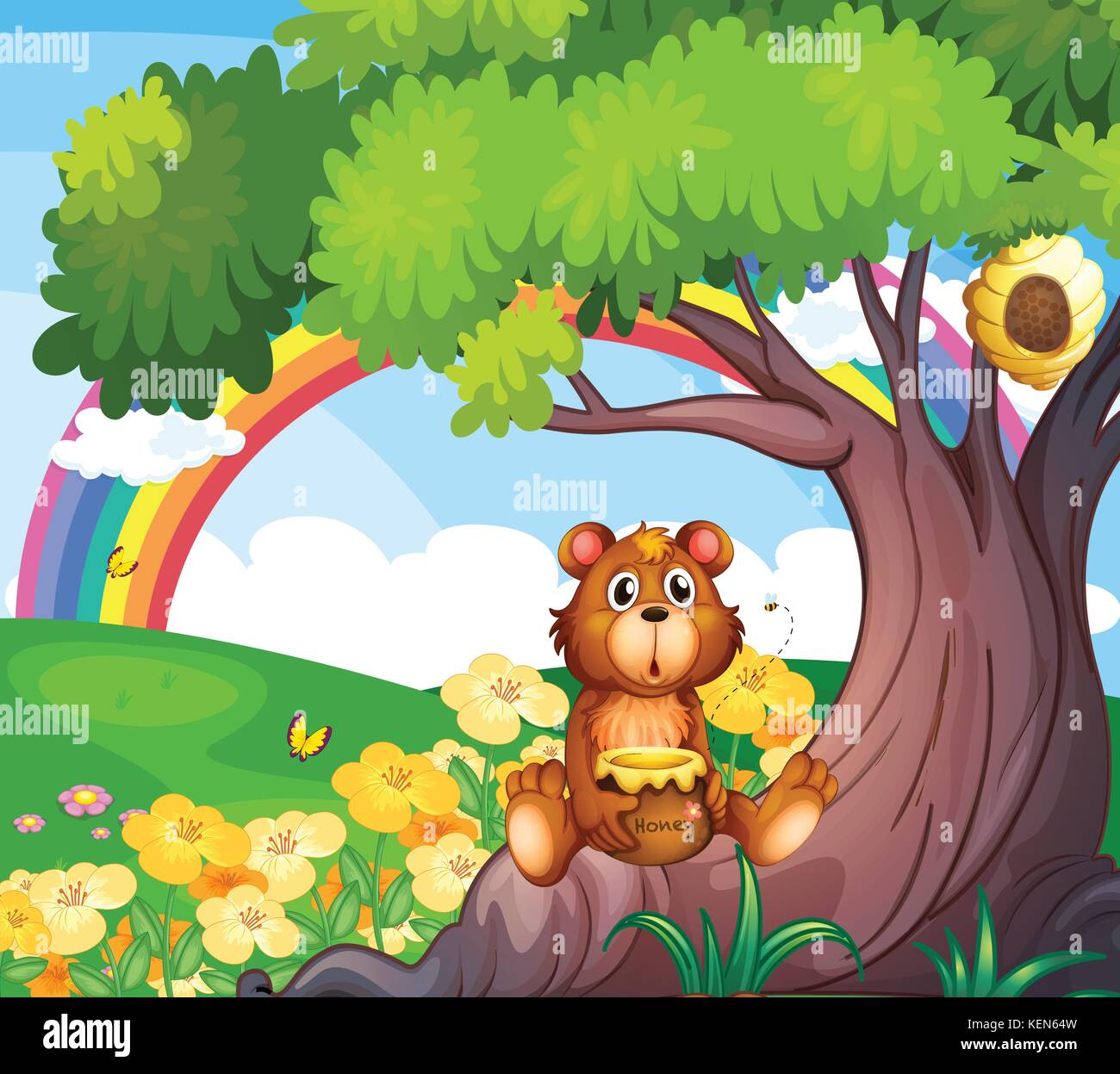Illustration of a bear under the tree with a rainbow at the back Stock ...
