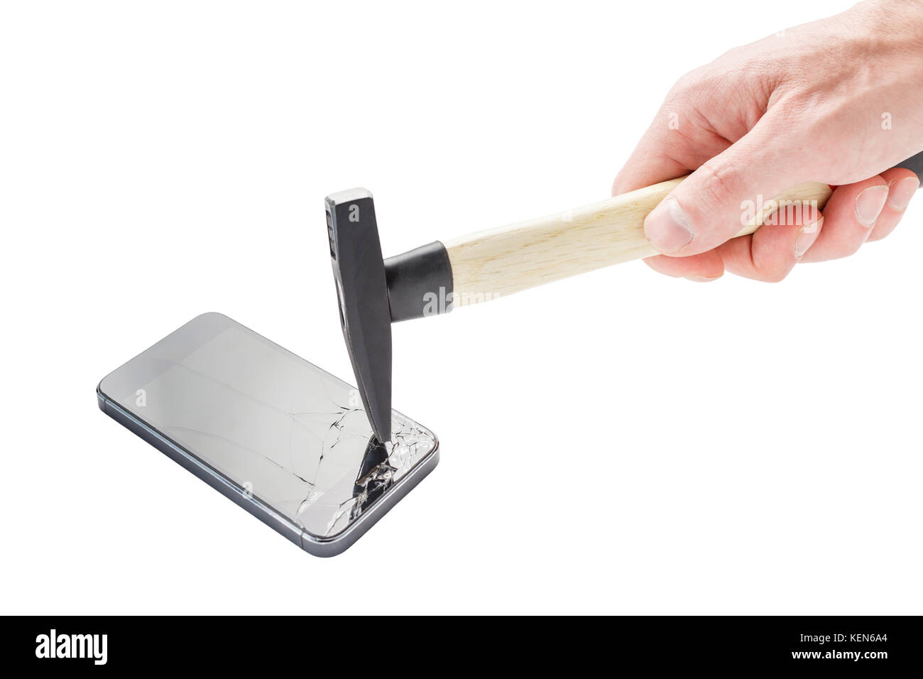 Male hand breaks a smartphone with a hammer against a white background ...