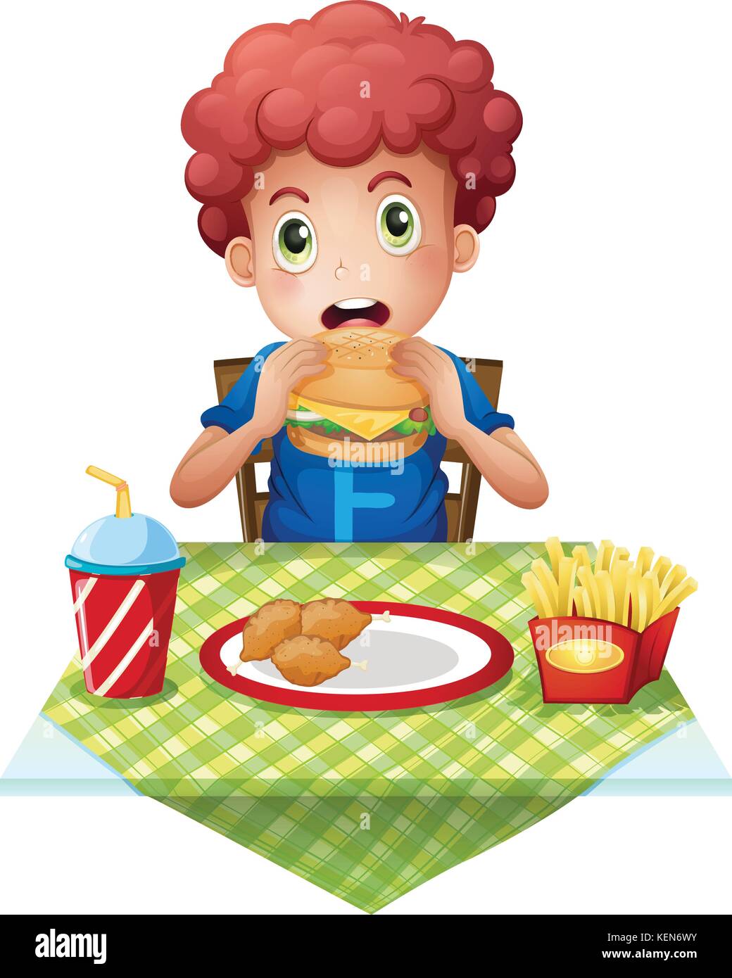 Illustration of a curly-haired boy eating at a fastfood restaurant on a ...
