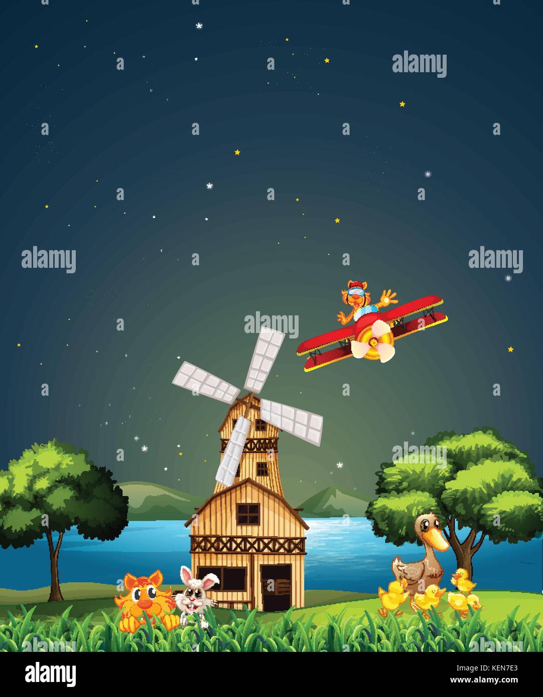 Illustration of a night view with windmill Stock Vector Image & Art - Alamy