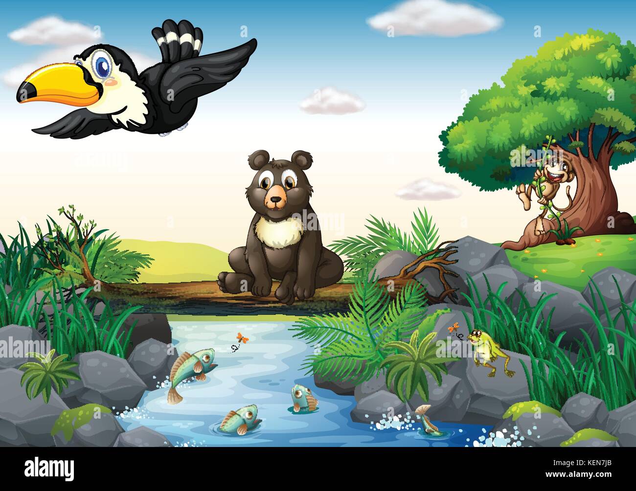 Illustration of many animals around the stream Stock Vector Image & Art ...