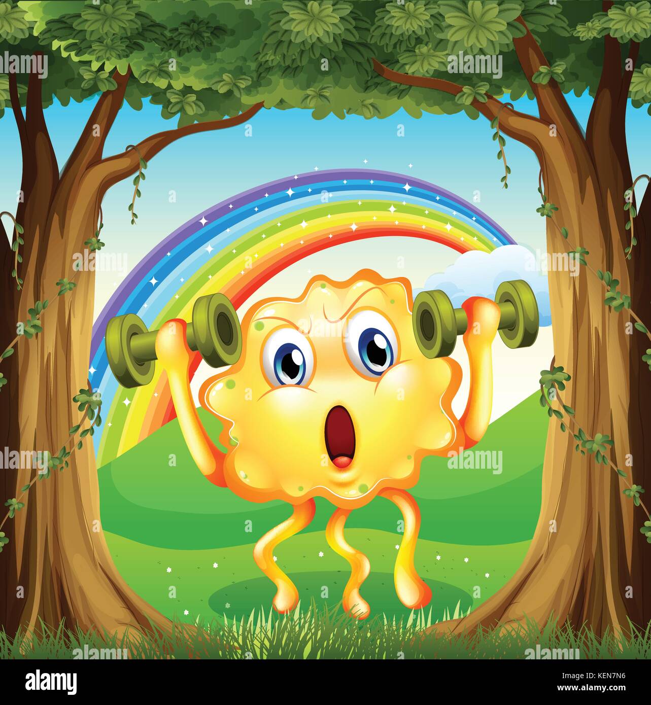 Illustration of a monster exercising at the forest with a rainbow in ...