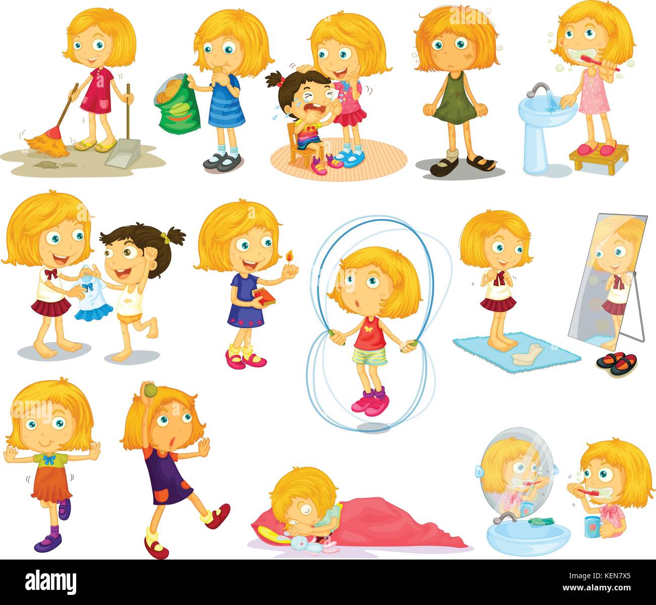 Illustration of a young blondie's daily activities on a white ...