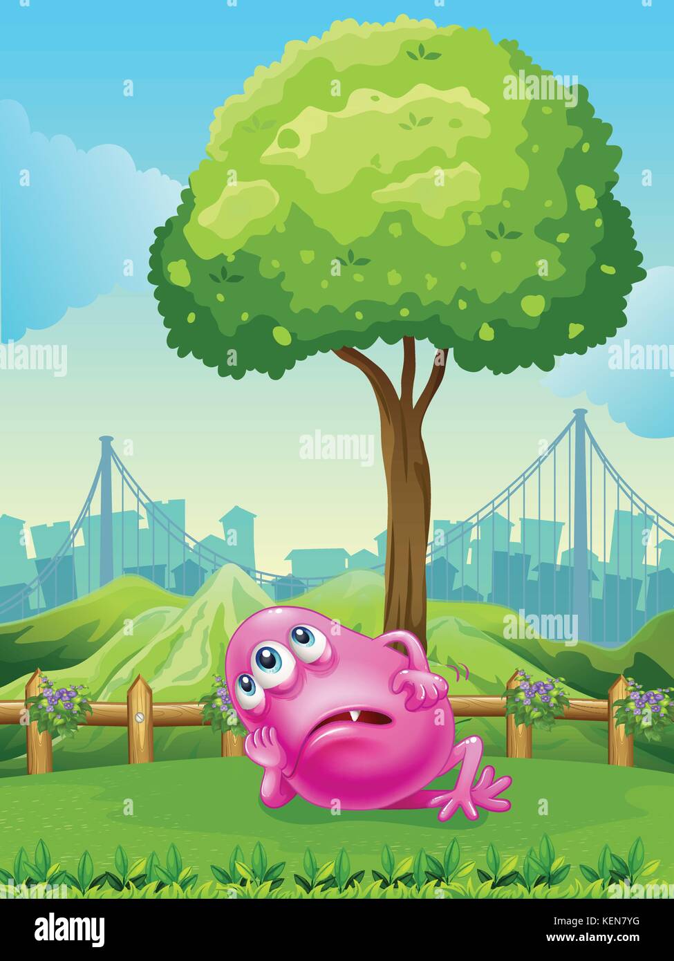 Illustration of a tired pink monster under the tree Stock Vector Image ...