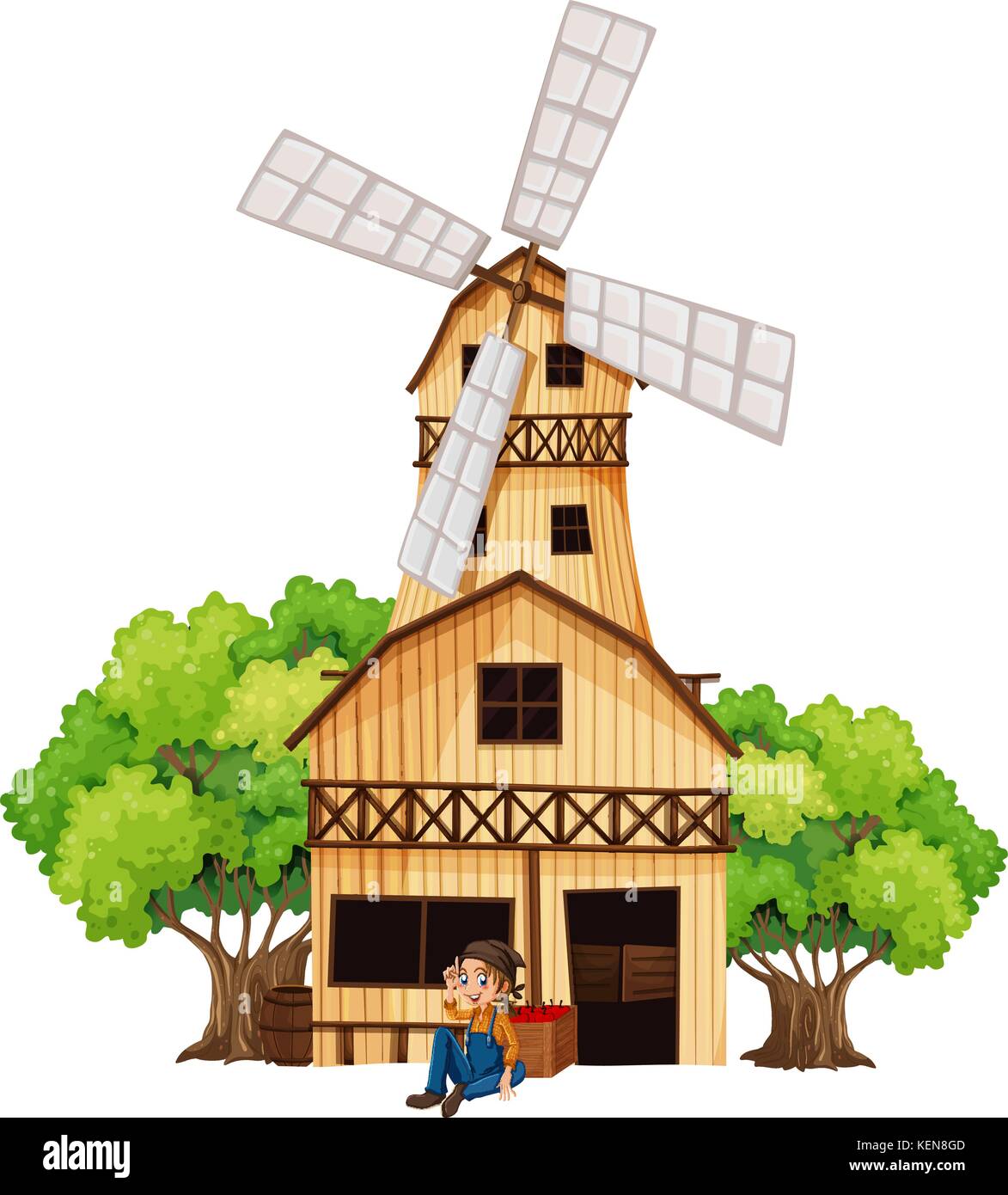 Illustration of a big wooden house with a windmill on a white ...