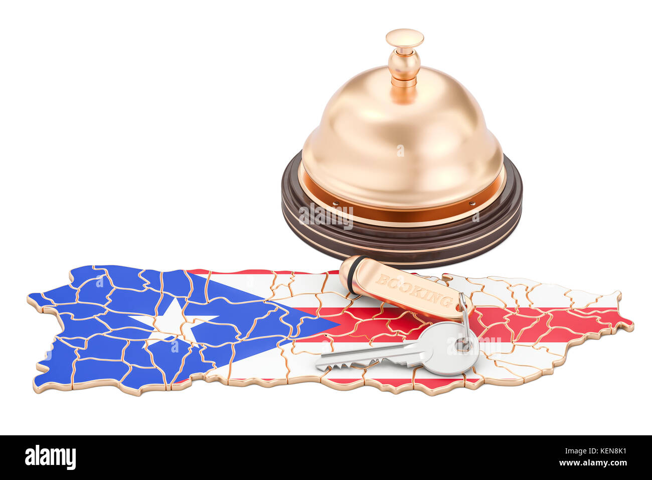 Puerto Rico booking concept. Flag with hotel key and reception bell, 3D ...