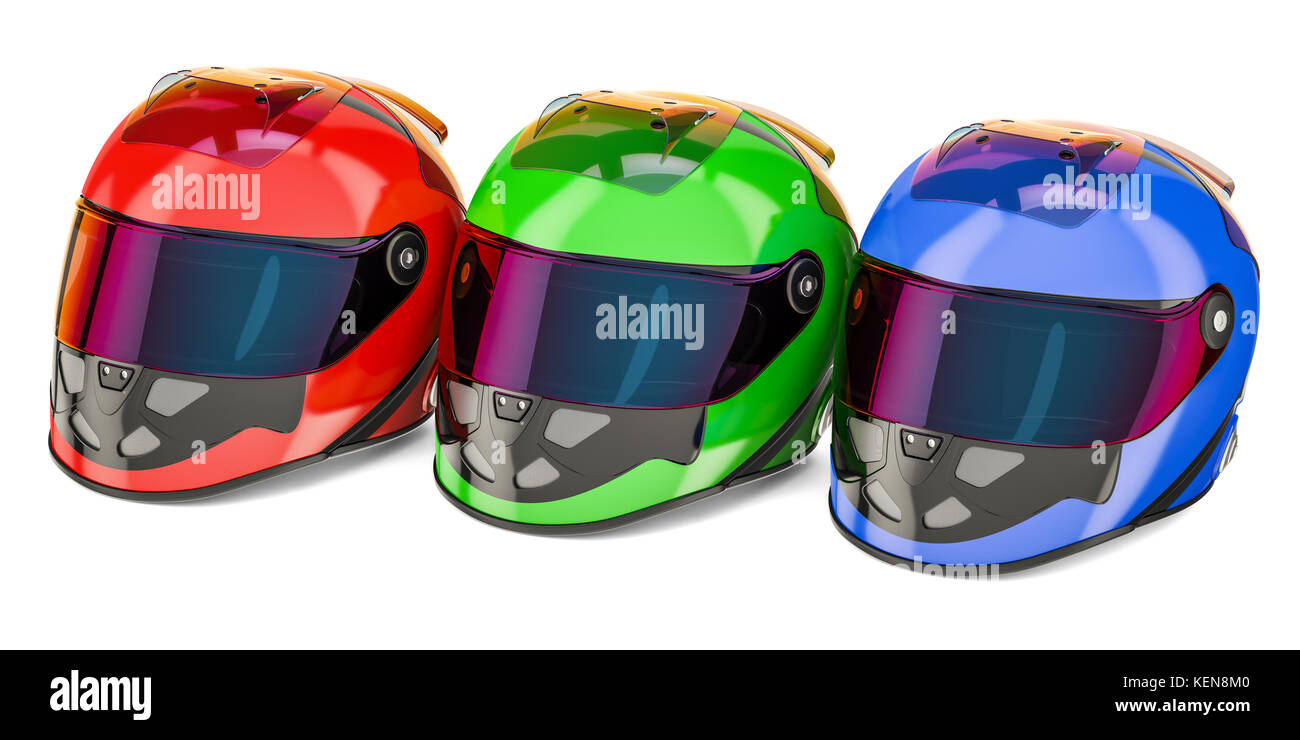 Set of colored racing helmet, 3D rendering isolated on white background ...