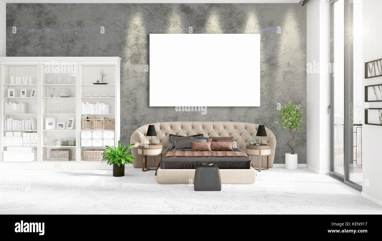 Fashionable modern loft interior in vogue with empty frame and ...