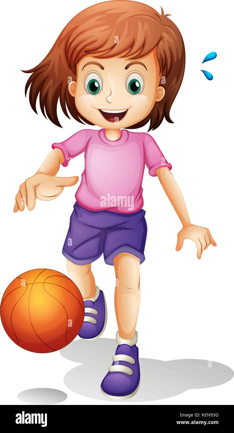 Illustration of a little girl playing basketball on a white background ...