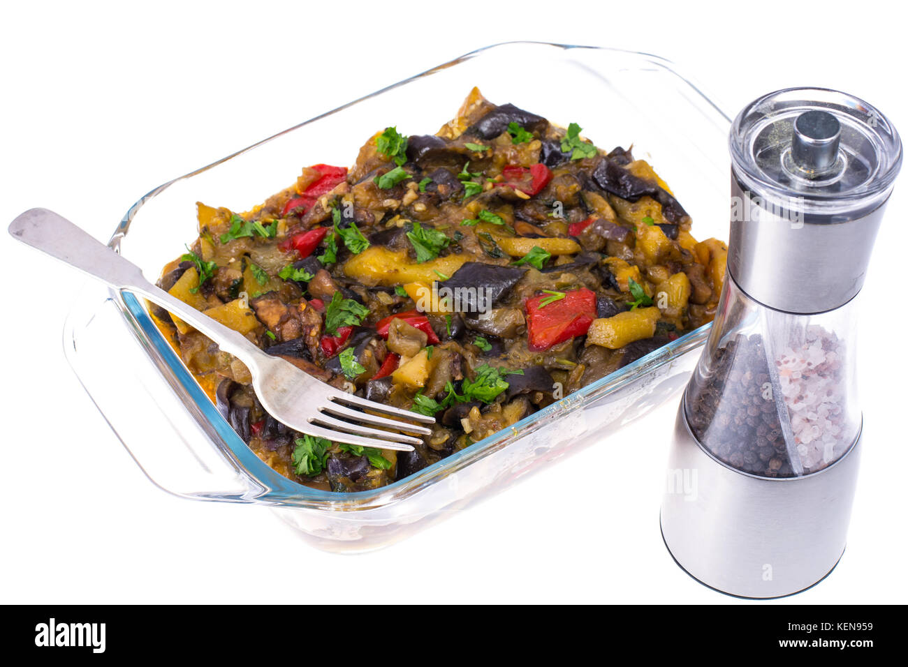 Glass form with baked vegetables. Vegetarian food. Studio Photo Stock ...