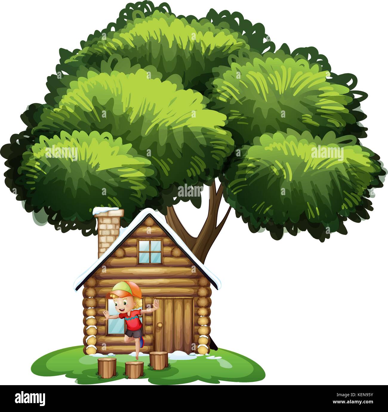 Illustration of a house under the tree with a little boy playing on a ...