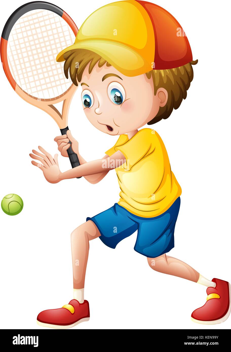 Illustration of a young man playing tennis on a white background Stock ...