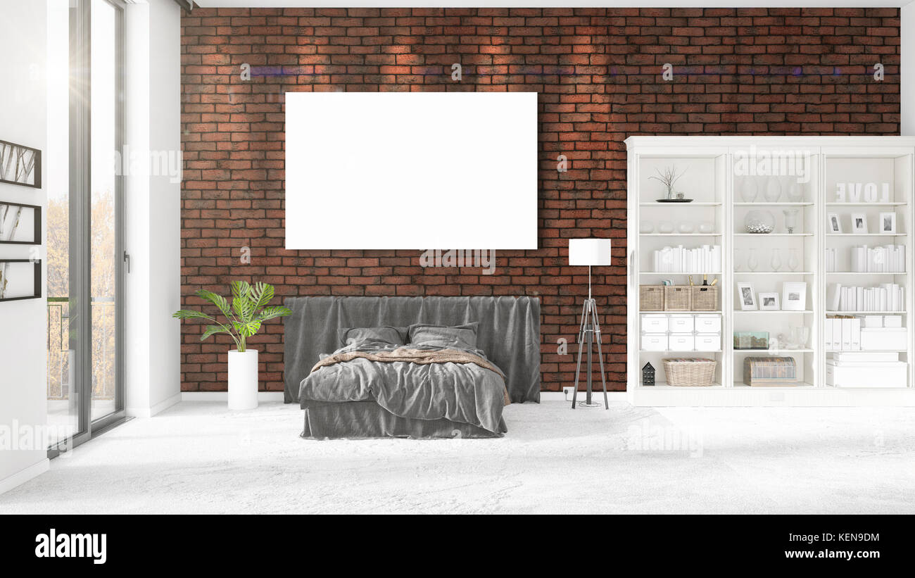 Fashionable modern loft interior in vogue with empty frame and ...