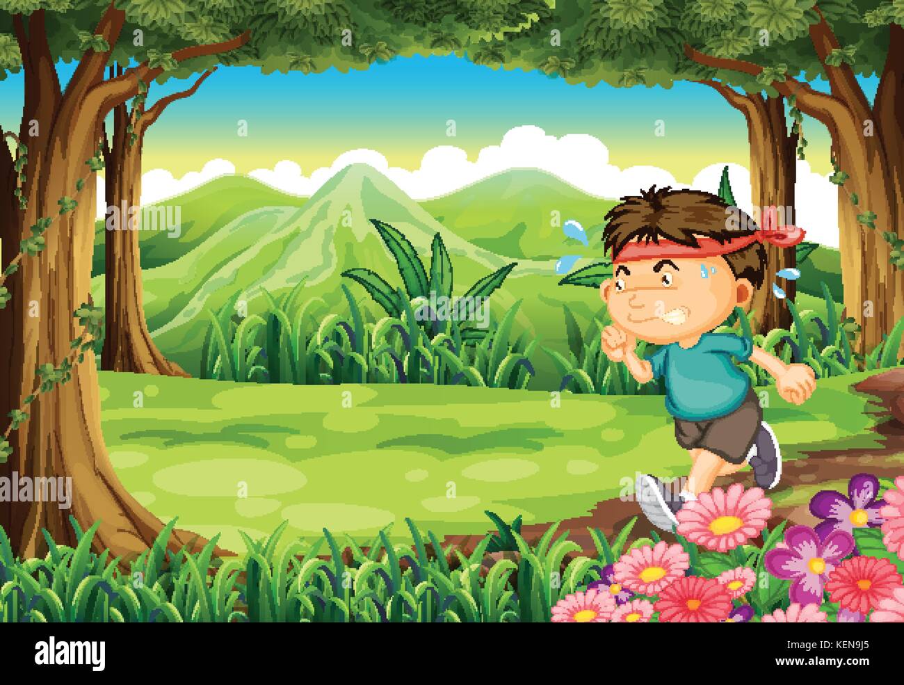 Illustration of a boy jogging in the middle of the forest Stock Vector ...
