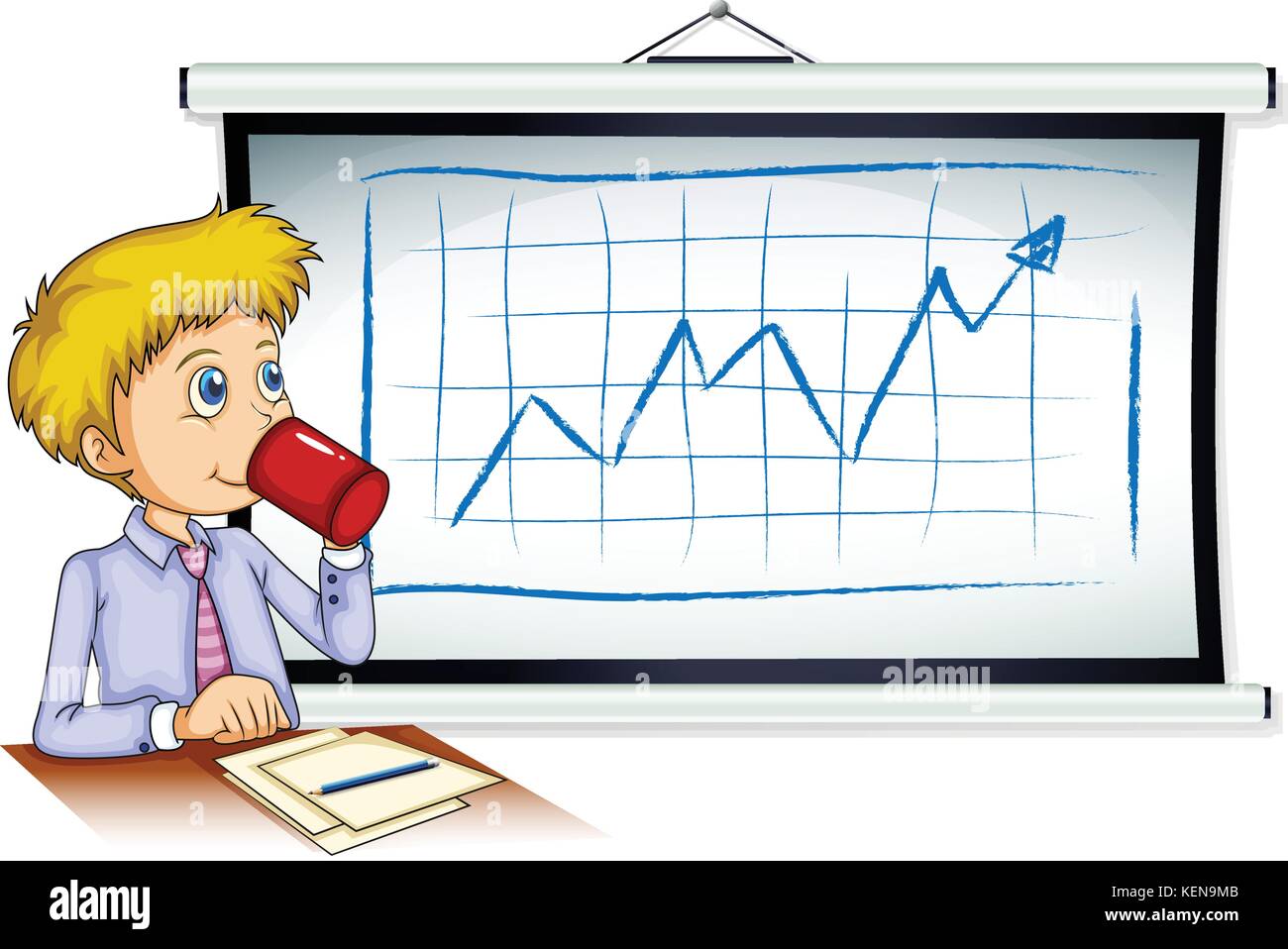 Illustration of a man drinking his coffee in front of the whiteboard on ...