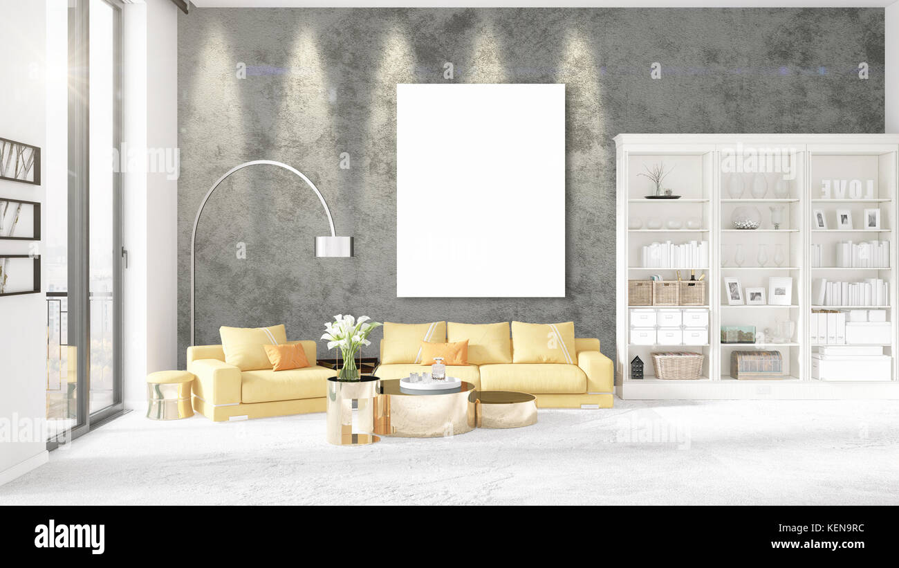 Fashionable modern loft interior in vogue with empty frame and ...