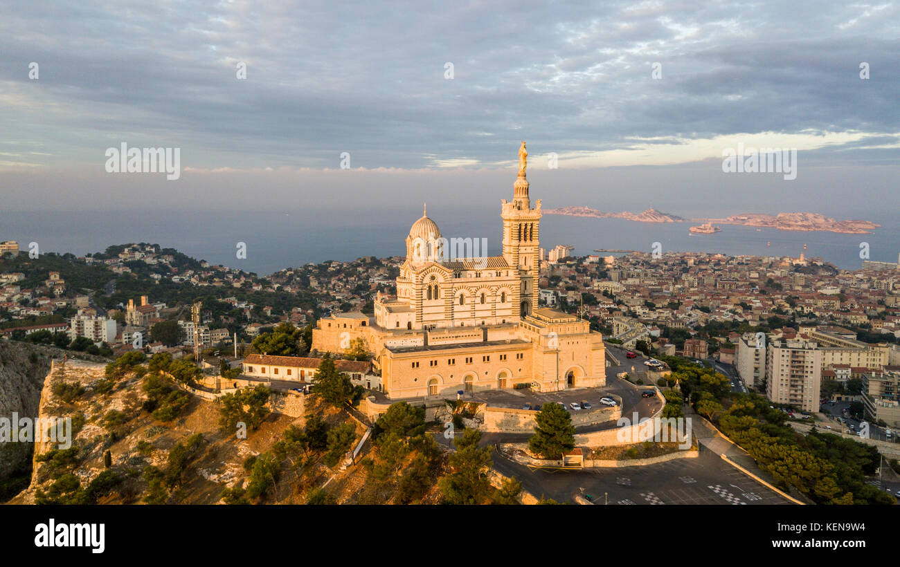 Aerial view of Notre-Dame de la Garde, symbol of Marseille Stock Photo ...