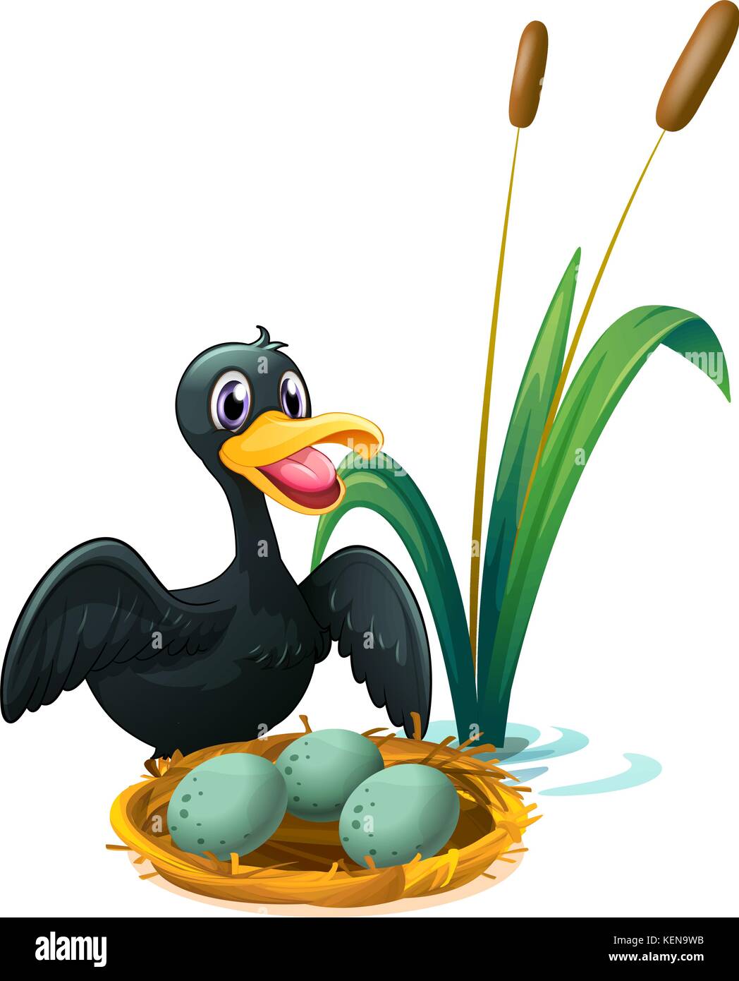 Illustration of a duck near the nest with eggs on a white background ...