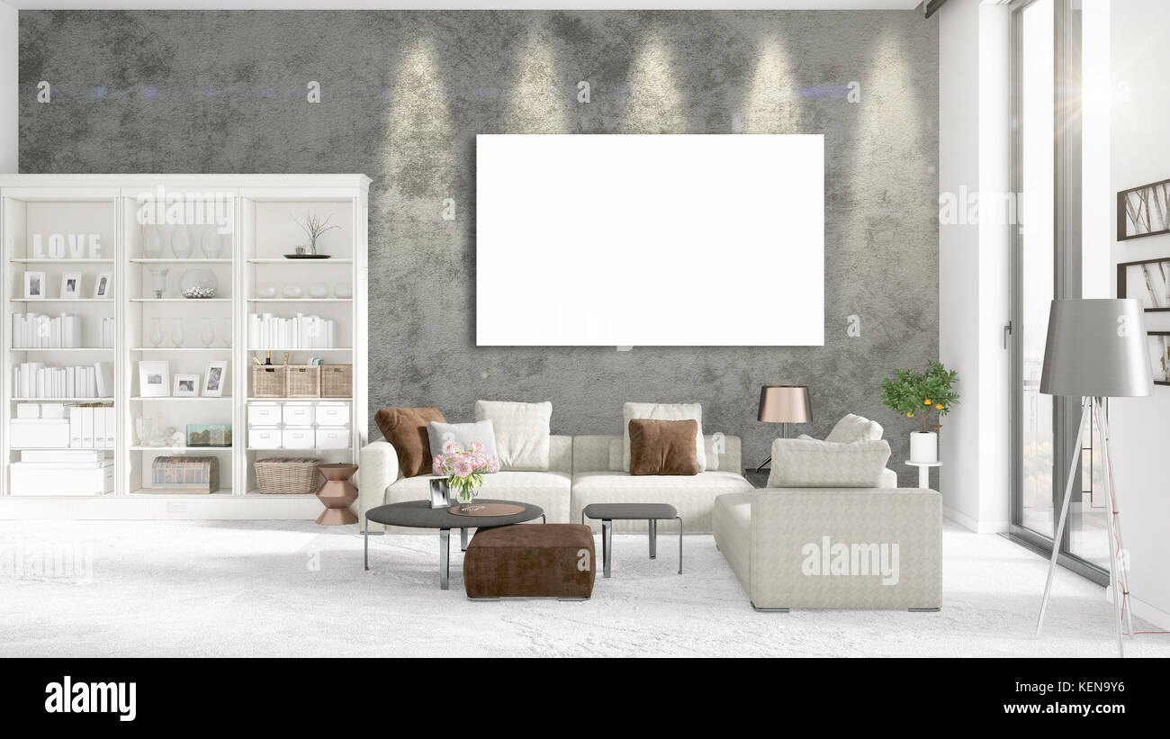 Fashionable modern loft interior in vogue with empty frame and ...