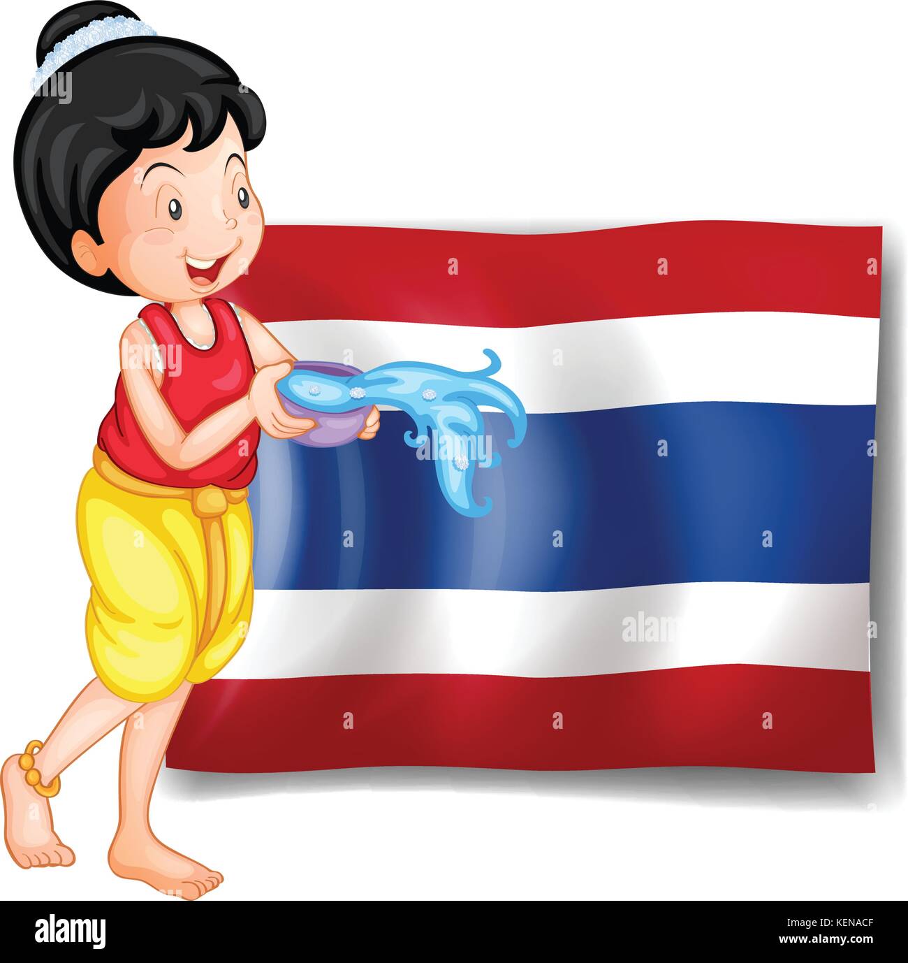 Illustration of a smiling Thai woman in front of the Thailand flag on a ...