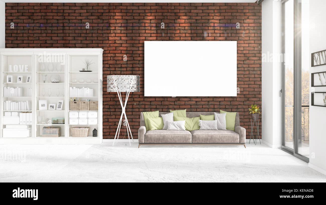 Fashionable modern loft interior in vogue with empty frame and ...