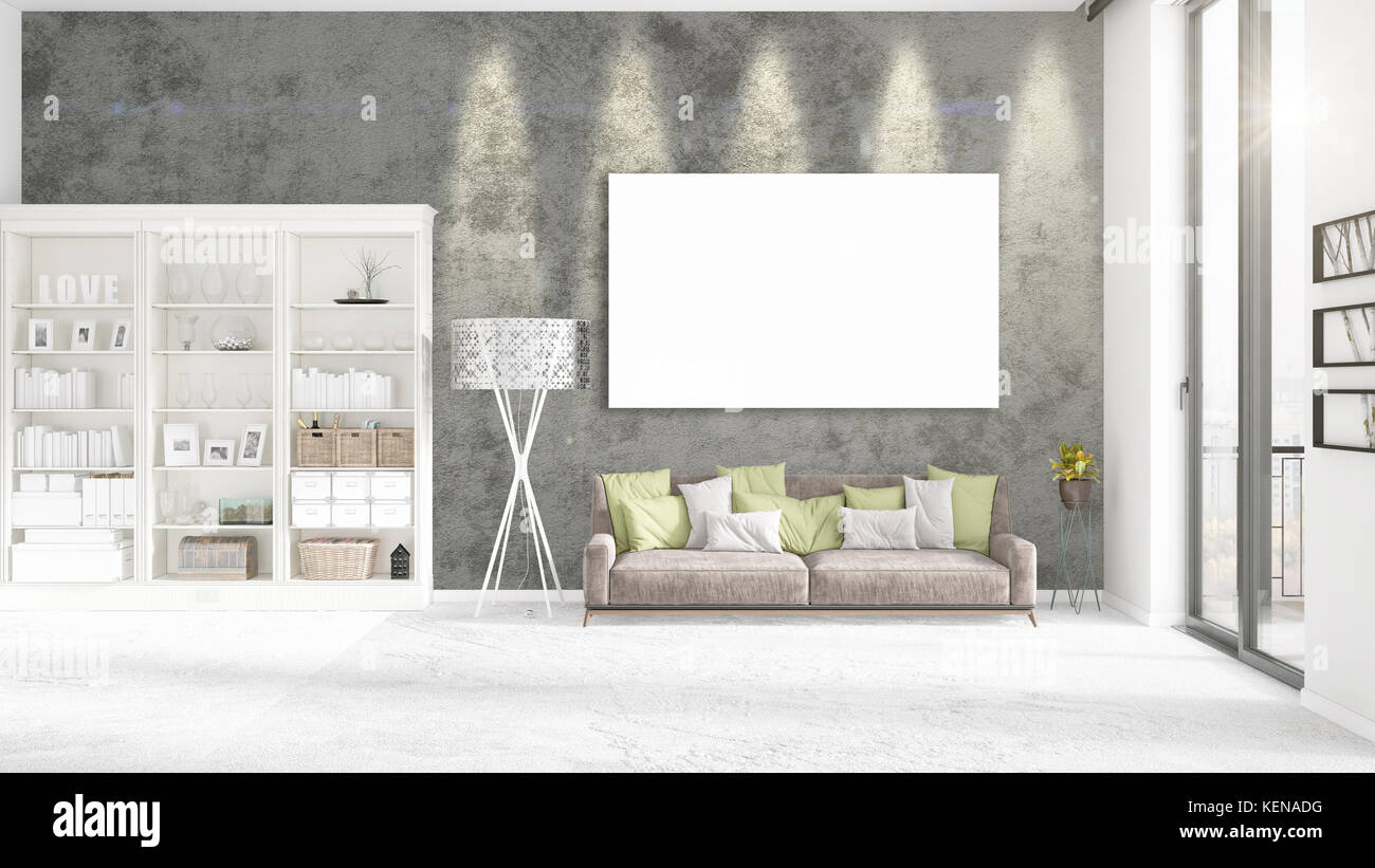 Fashionable modern loft interior in vogue with empty frame and ...
