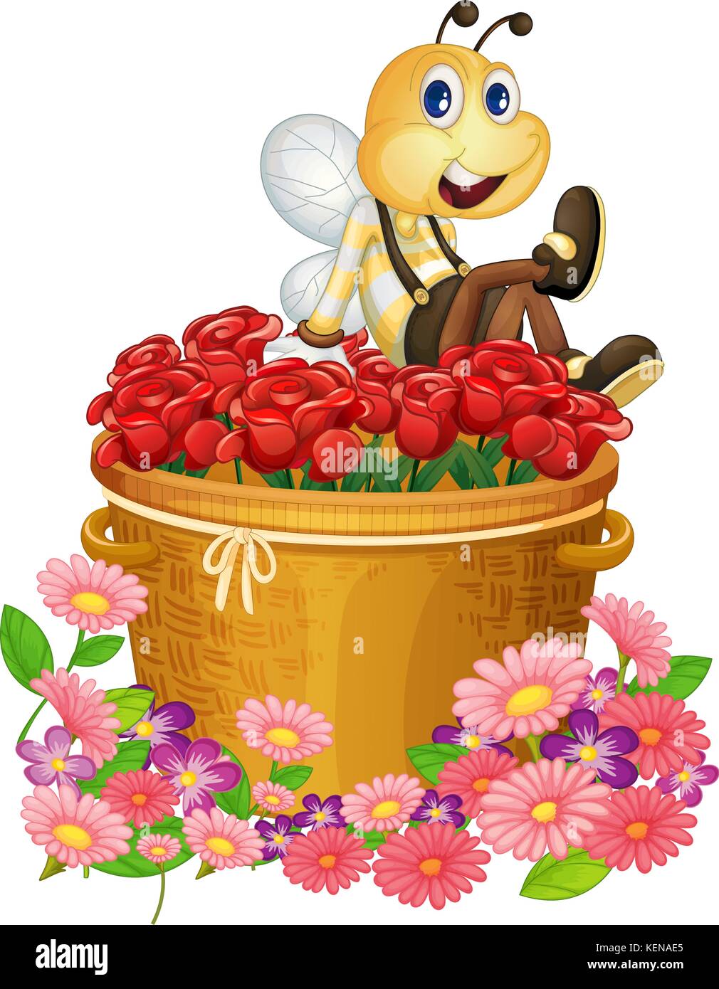 Illustration of a basket of red roses with a big bee on a white ...