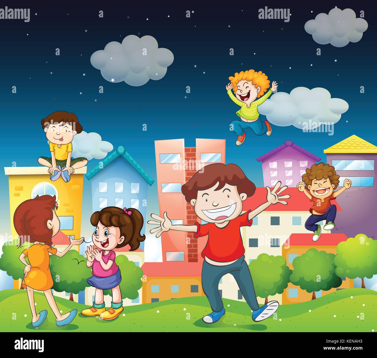 Children playing at night illustration hi-res stock photography and ...