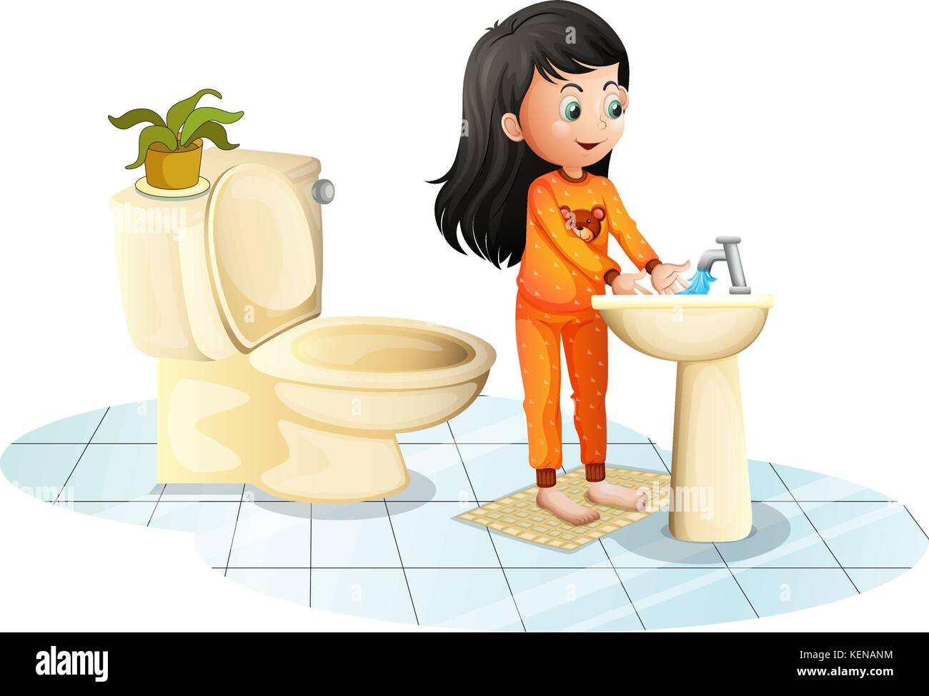 Illustration of a cute little girl washing her hands on a white ...