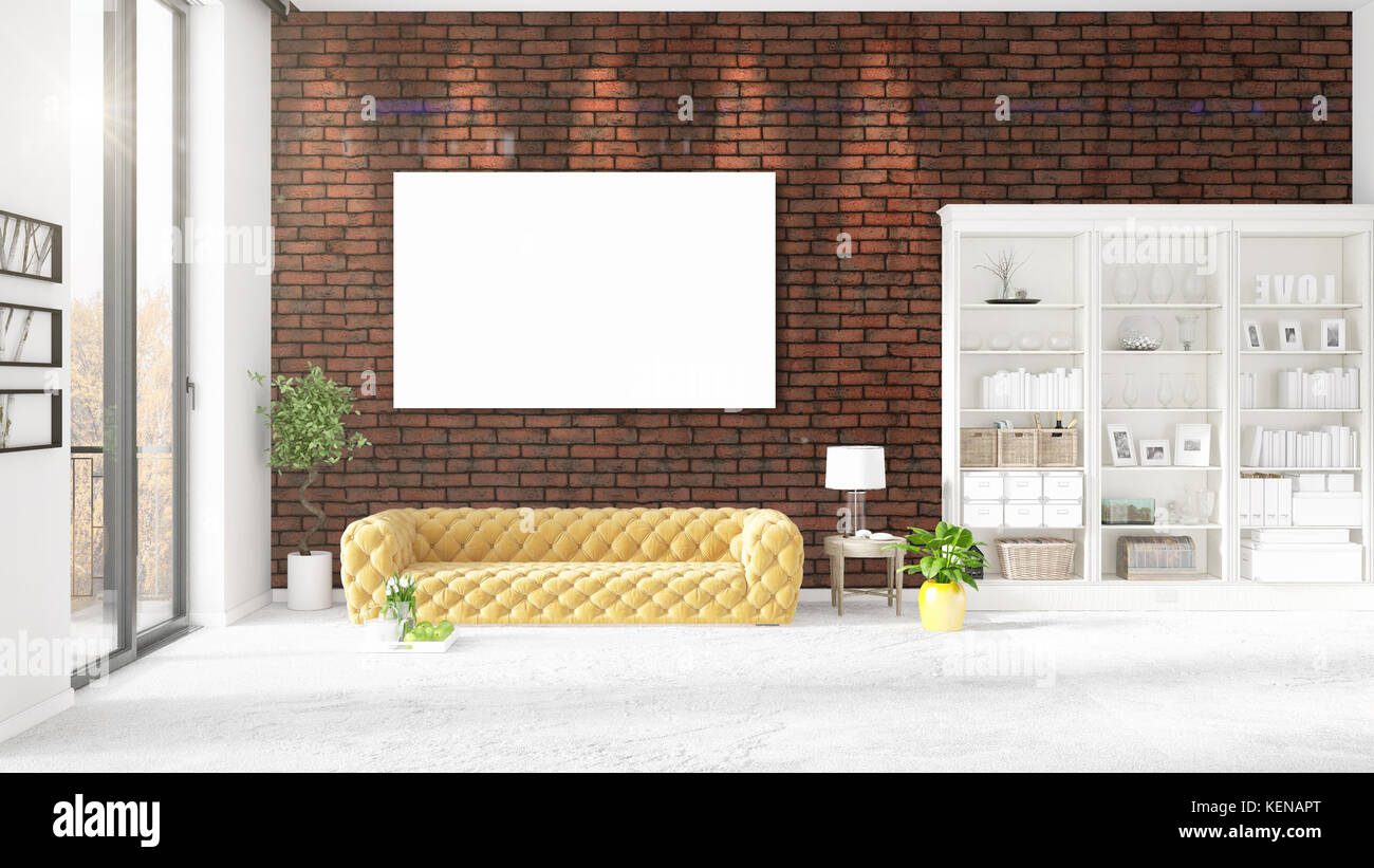 Fashionable modern loft interior in vogue with empty frame and ...
