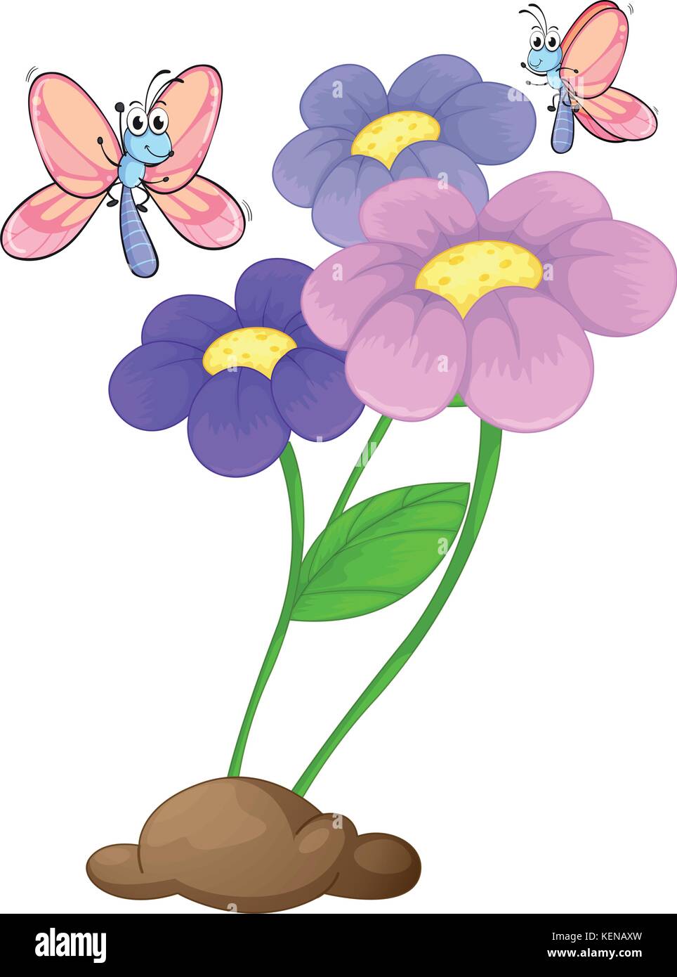 Illustration of the blooming flowers with two butterflies on a white ...