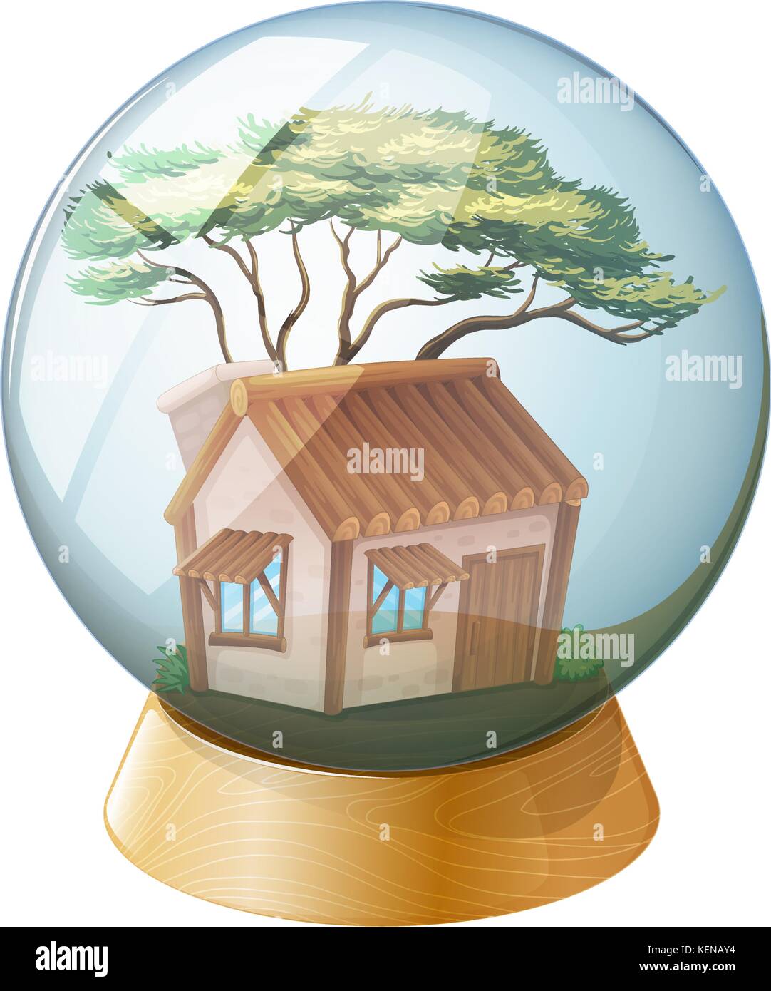 Illustration of a crystal ball decor with a wooden house inside on a ...
