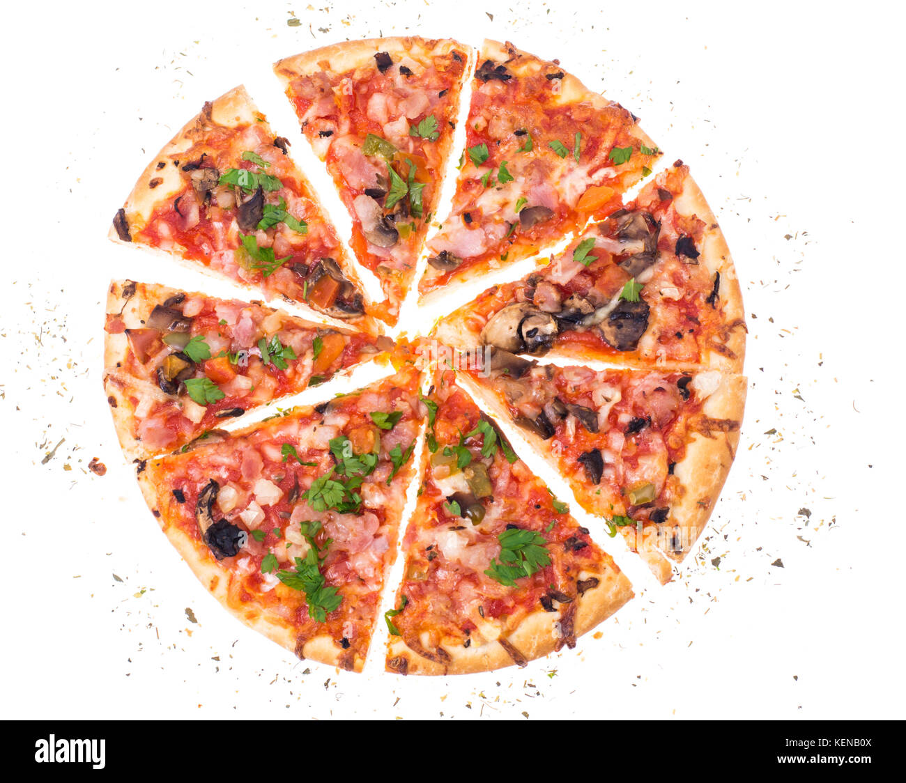 Pizza with mushrooms and bacon on white background Stock Photo - Alamy