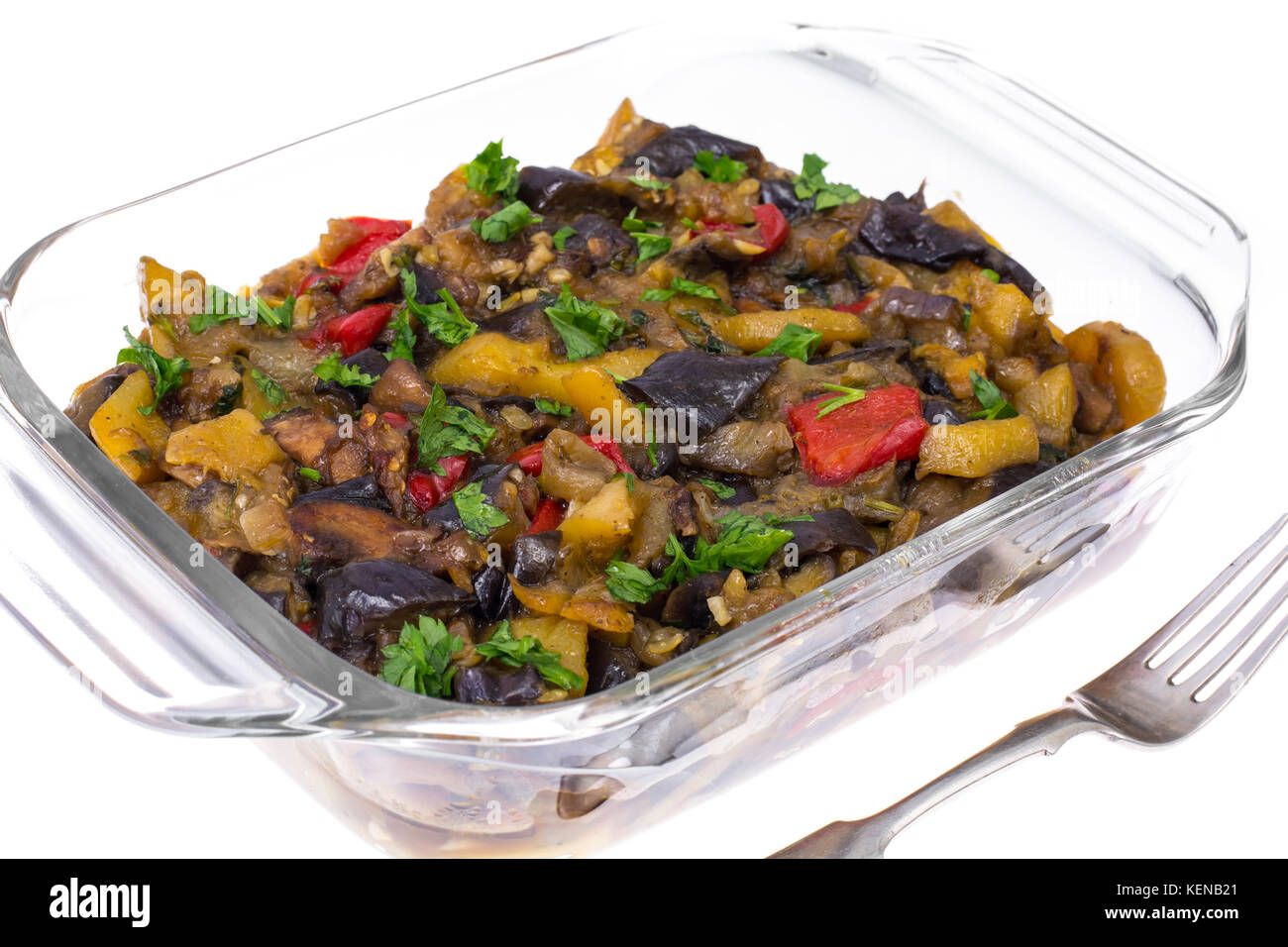 Glass form with baked vegetables. Vegetarian food Stock Photo - Alamy