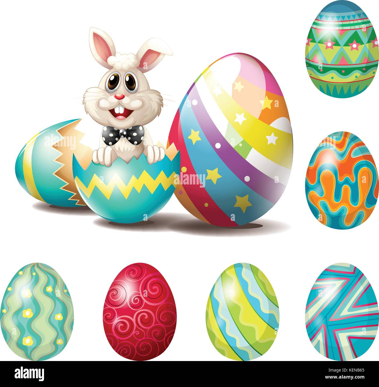 Illustration of a happy bunny with colorful eggs on a white background ...