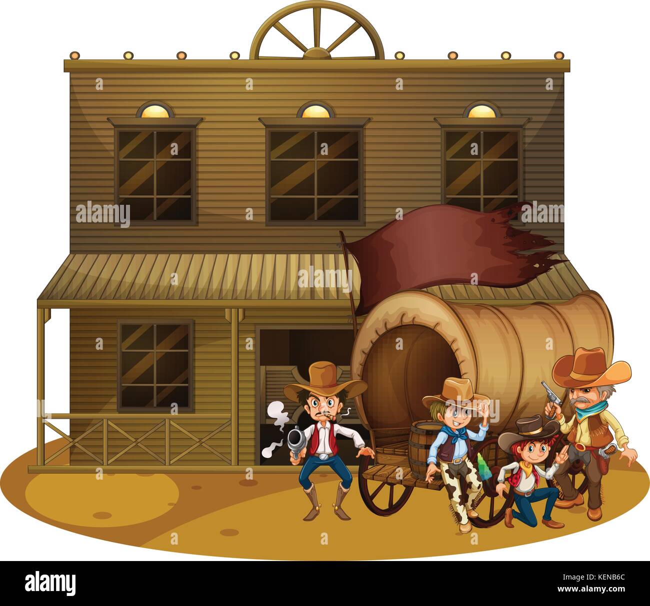 Illustration of the Western people outside the wagon on a white ...