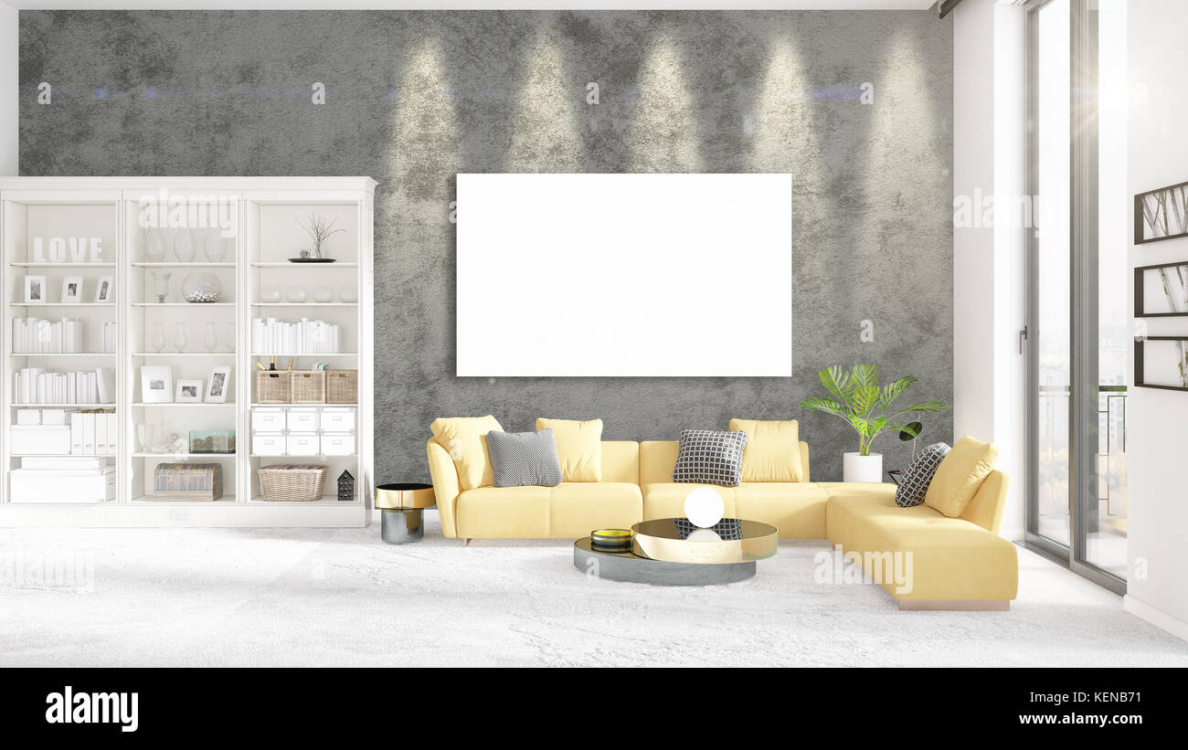 Fashionable modern loft interior in vogue with empty frame and ...
