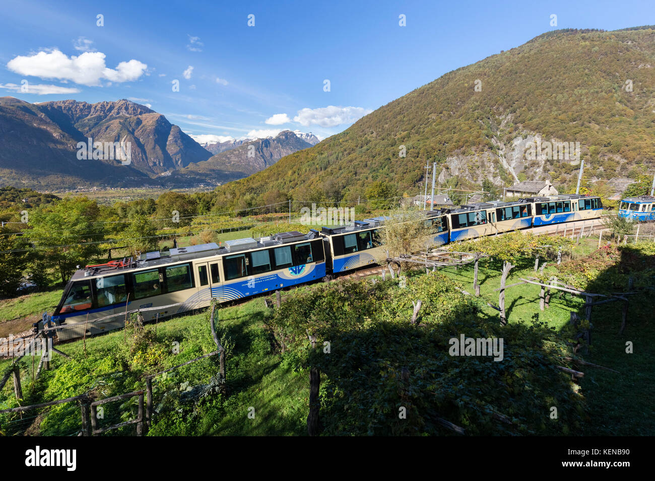Vigezzina train passes through the autumnal colors in Verigo, Trontano ...